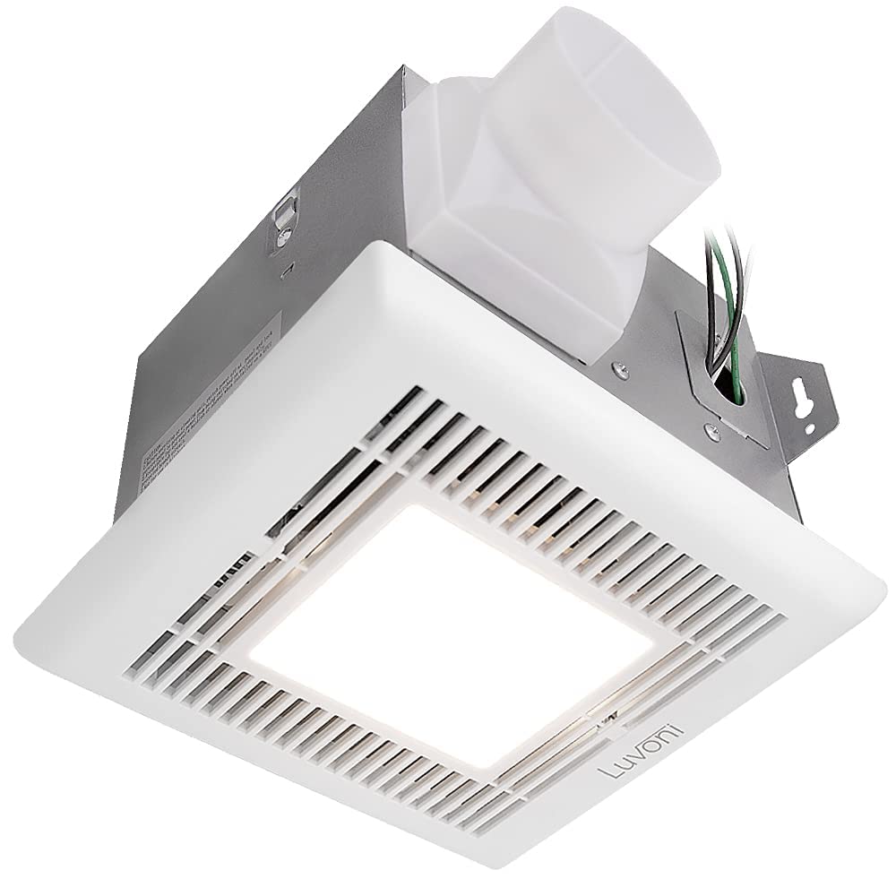 Maxxima Luvoni 70 CFM Bathroom Exhaust and Ventilation Fan - 3000K Warm White 600 Lumen LED Light, Quiet 2 Sones Operation, White Grill Ceiling Fan