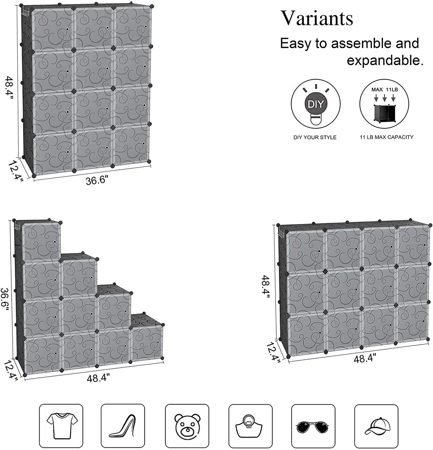 C&AHOME Cube Storage with Doors, 12-Cube Storage Organizer, Plastic Closet Cabinet, Modular Book Shelving Units, Storage Shelves, Ideal for Bedroom, Home, Office 36.6”L x 12.4”W x 48.4”H Black