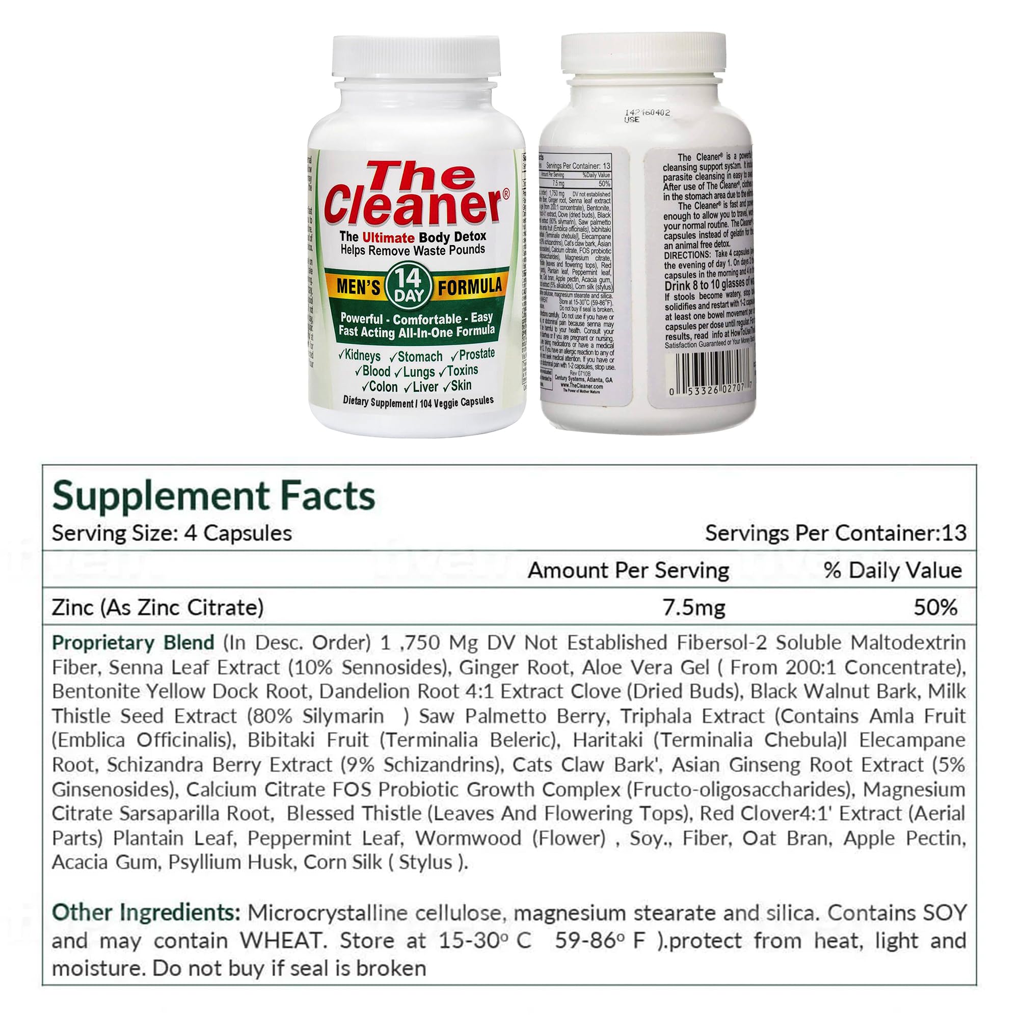 Century Systems The Cleaner Detox, Powerful 14-Day Complete Internal Cleansing Formula for Men, Support Digestive Health, 104 Vegetarian Capsules