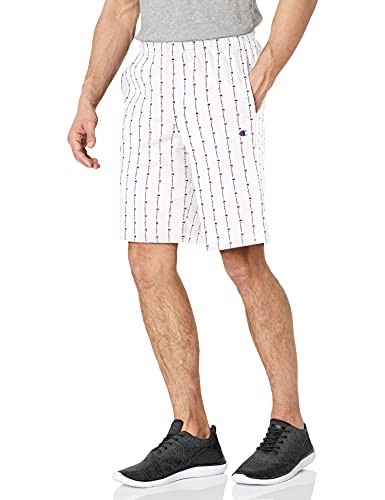 Champion Men's Powerblend AOP Short, White Logo Pinstripe Vertical, Medium