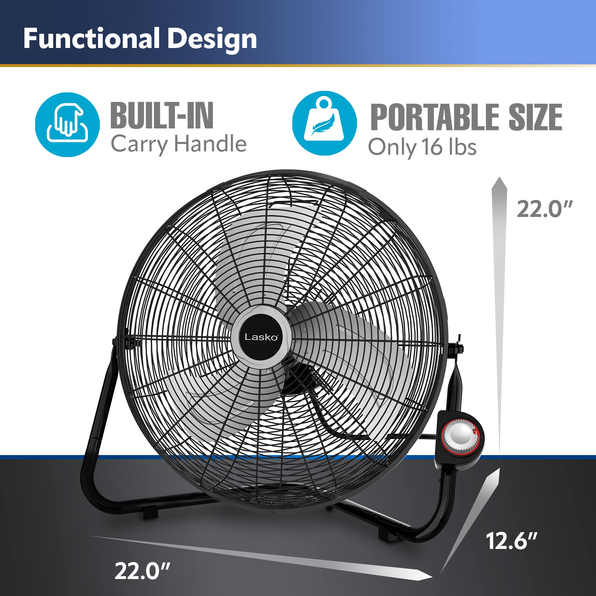 Lasko High Velocity Floor Fan with Wall mount Option, 3 Powerful Speeds, Pivoting Fan Head for Home, Garage, Attic, 20", Black, 2264QM