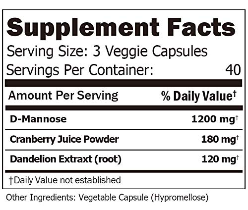 D-Mannose 120 Veggie Capsules, 1200 mg D Mannose Powder per Serving with Cranberry and Dandelion Extract - Natural Urinary Tract Health UTI Support
