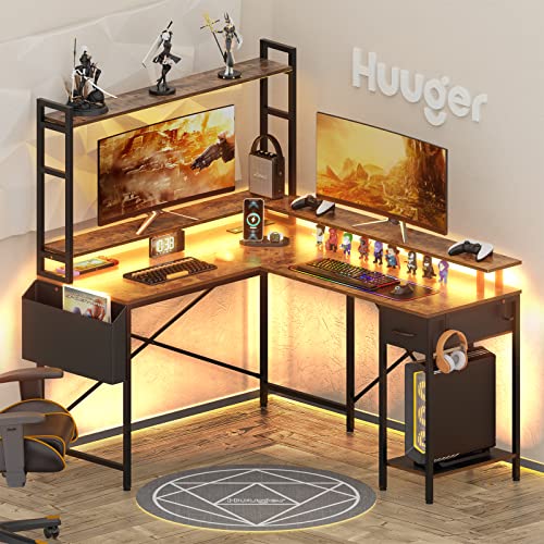 Huuger L Shaped Desk Computer Desk with LED Lights & Power Outlets Nightstand with Charging Station
