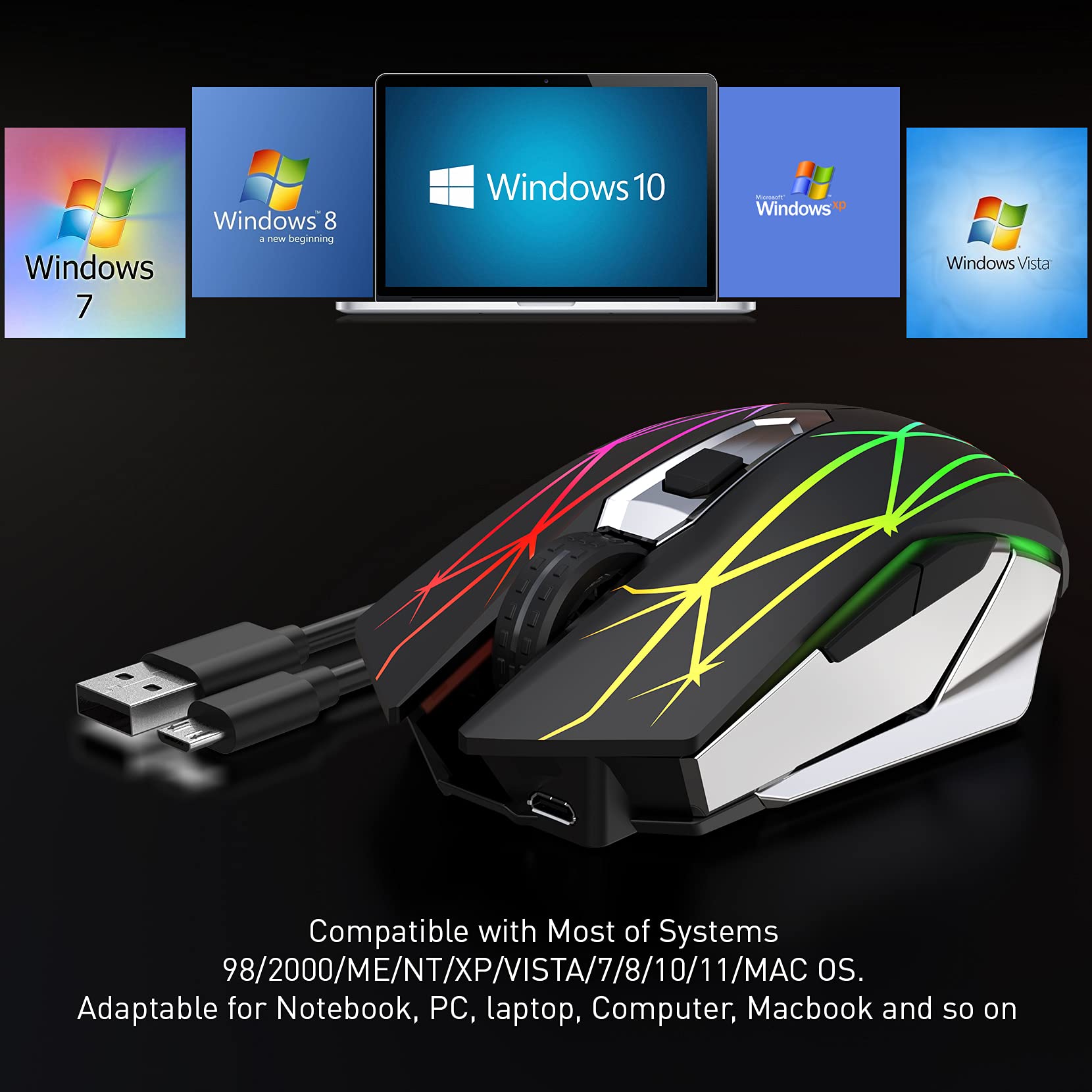 RIIKUNTEK Wireless Gaming Mouse, Computer Mouse Rechargeable with 3 Adjustable DPI, Silent Click, USB Receiver, LED Lights, 2.4GHz Portable Ergonomic RGB Optical Gamer Mice Mouse for Laptop PC Black