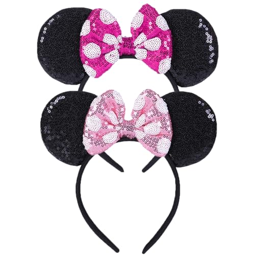 CENTSTAR Mouse Ear Headband, 2 Pcs Shiny Bows Hairband for Birthday Parties, Mouse Themed Events