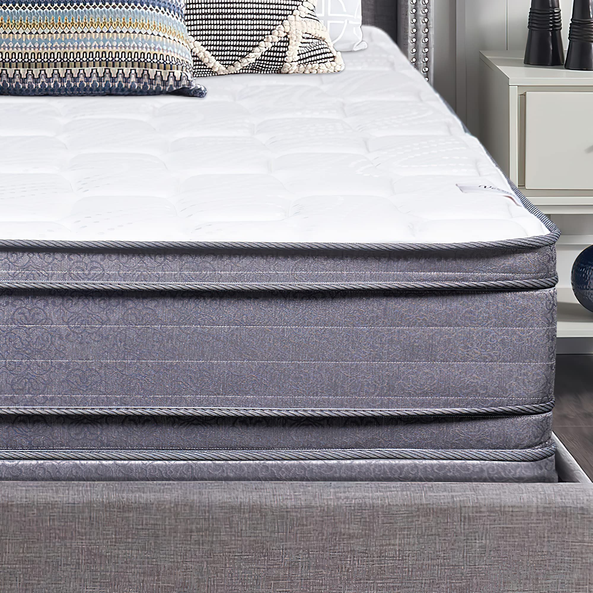 Mayton 13-Inch Firm Euro Top Double Sided Foam Encased Innerspring Mattress Set with 4" Split Wood Box Spring, Queen Black.