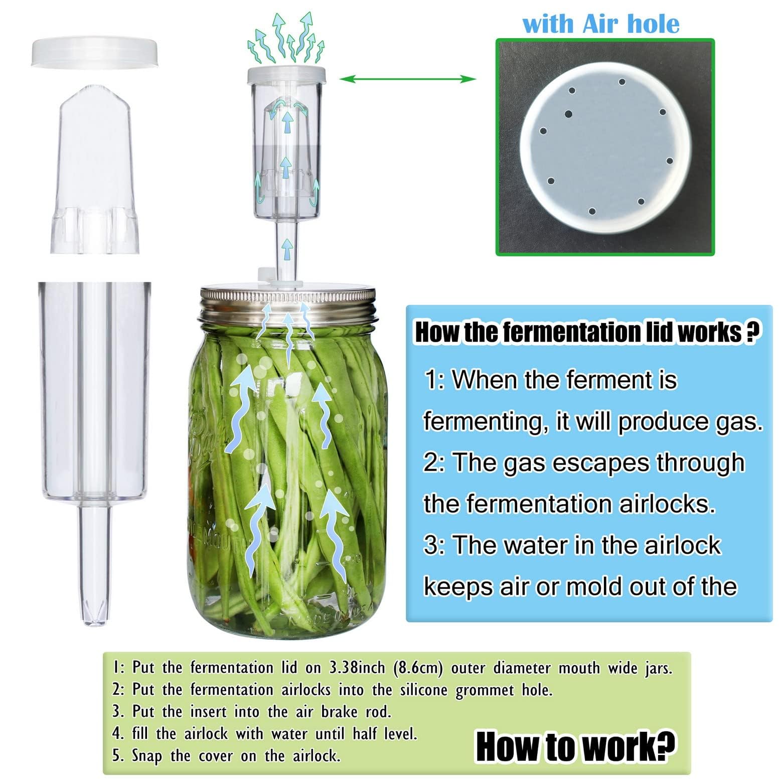 laffeya Fermentation Lids, Fermentation Kit- 2 Mason Jars Fermenting Lids, 2 Airlocks for Fermenting, 4 Grommets, Fermentation Kit for Making Hot Sauce Pickle Kombucha (Jars Not Included)