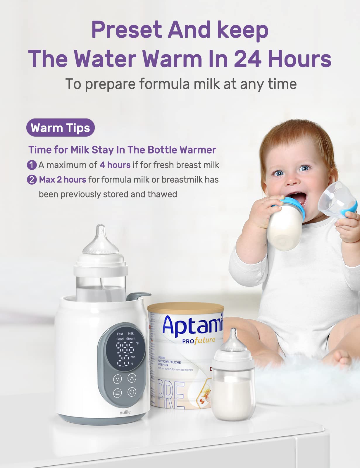 Nuliie Fast Bottle Warmer, 6-in-1 with Larger LCD Display Smart Temperature Control and Automatic Shut-Off, BPA Free Baby Bottle Warmer for Breastmilk or Formula