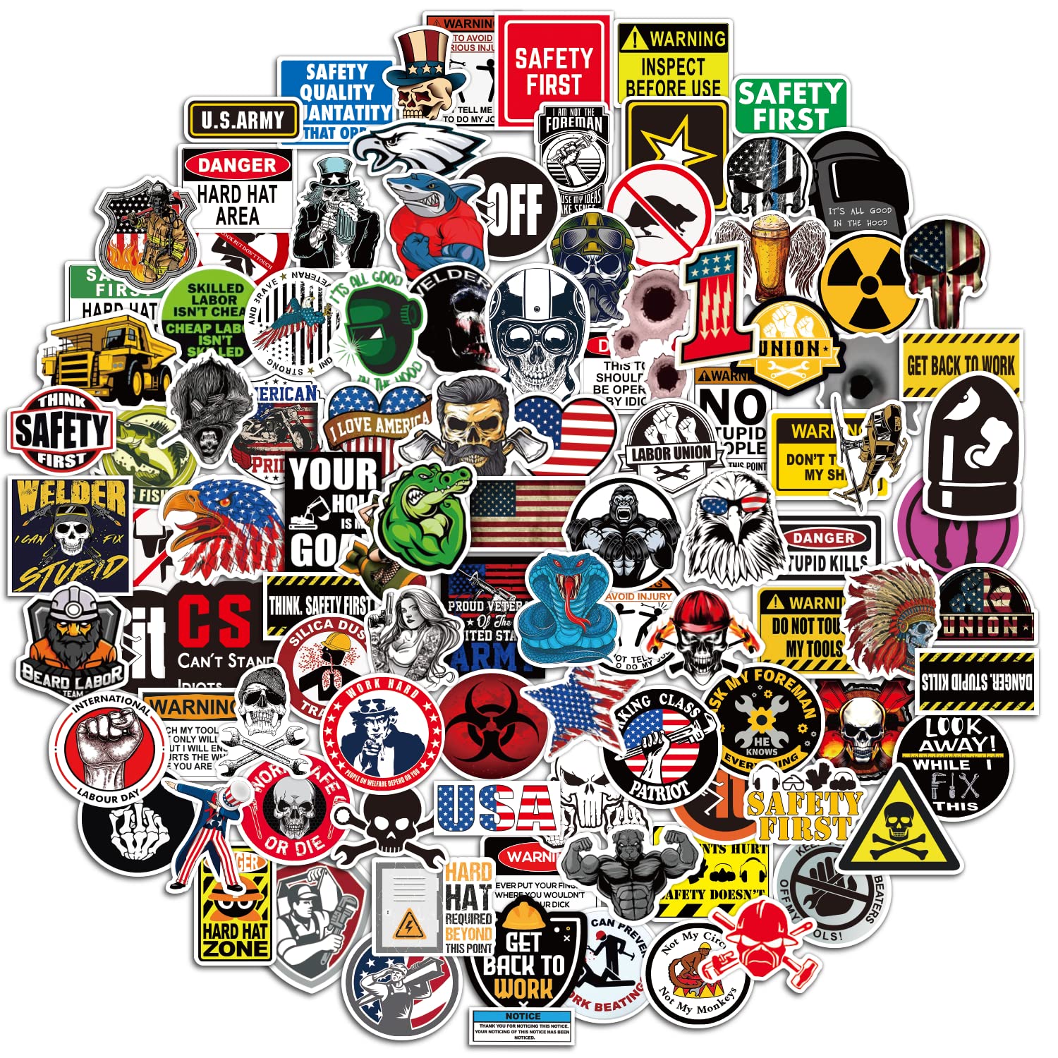Funny Hard Hat Stickers 105 PCS, Waterproof Vinyl Decals for Tool Box Helmet Hood Hardhat, Patriotic Sticker for Men Adults, Mechanics, Welders, Construction, Union, Military, Electrician, Oilfield