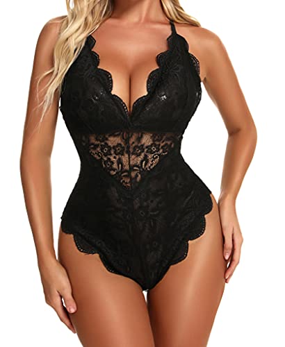Namifin Women Snap Crotch Lingerie Sexy Lace Bodysuit Deep V Teddy One Piece Lace Babydoll Black