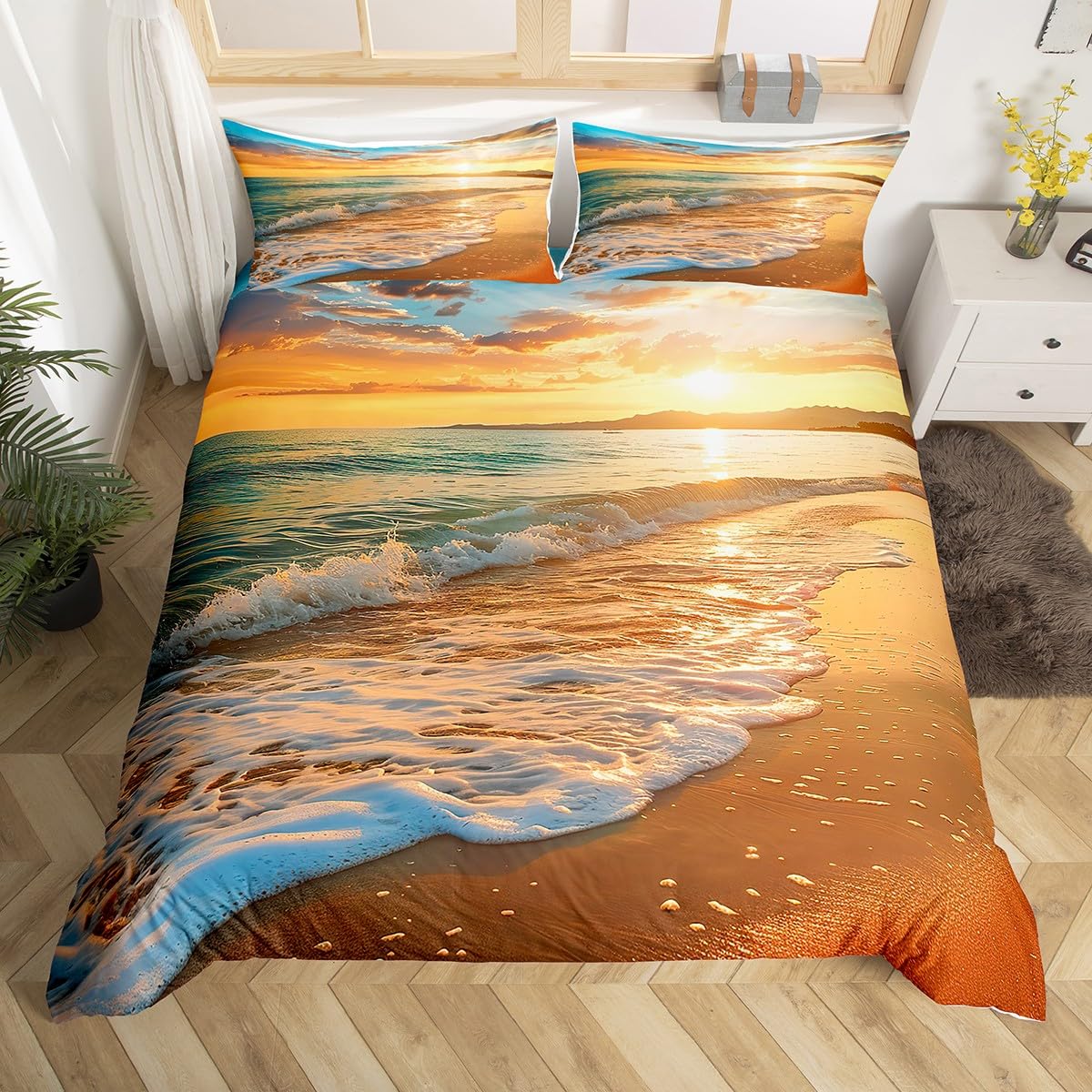Feelyou Hawaiian Beach Bedding Set King Size Kids Sea Printed Comforter Cover Set for Boys Girls Teens Summer Holiday Vacation Duvet Cover Nature Pattern Bedspread Cover(No Comforter