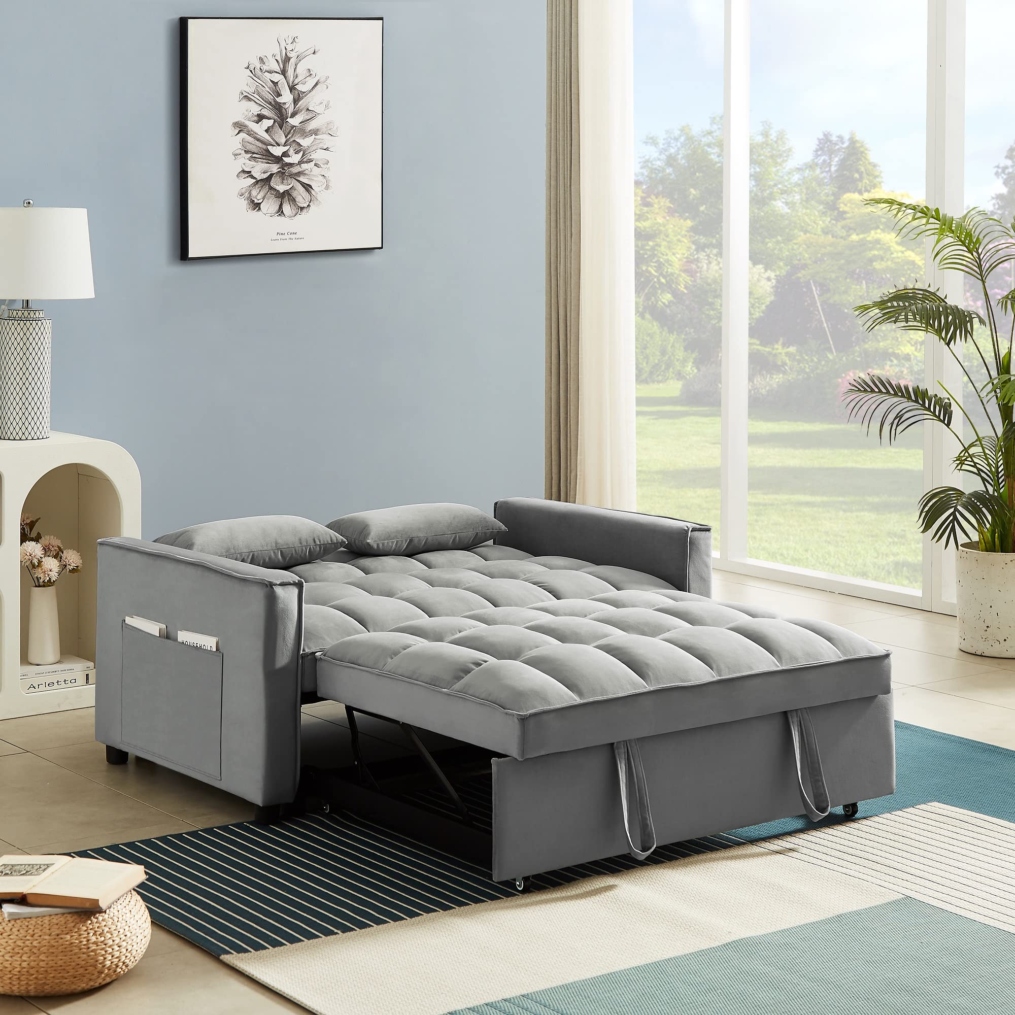 Merax 55.2" Velvet Sleeper Sofa Couch, Convertible Loveseat Sofa with Pull Out Bed and Adjustable Backrest, Sleeper Sofa Bed Armchair with 2 Lumbar Pillows for Home Office, Grey