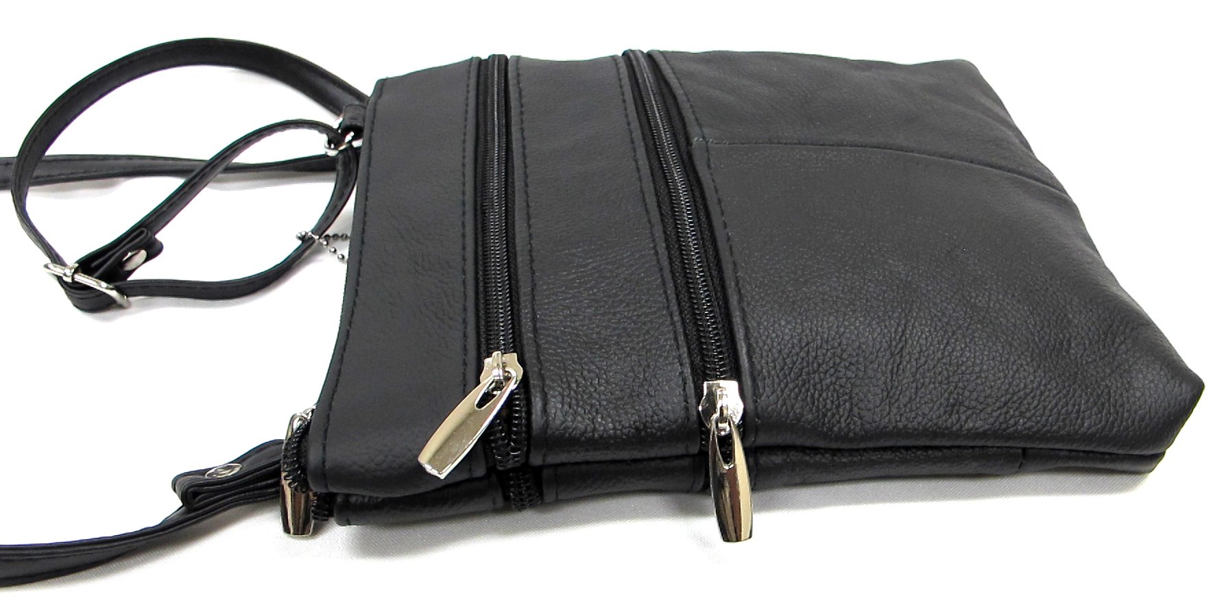 Lady's 5 Zipper Pocket 100% Leather Cross Body Slim Purse Paisley Lining- 5 Color (Black)