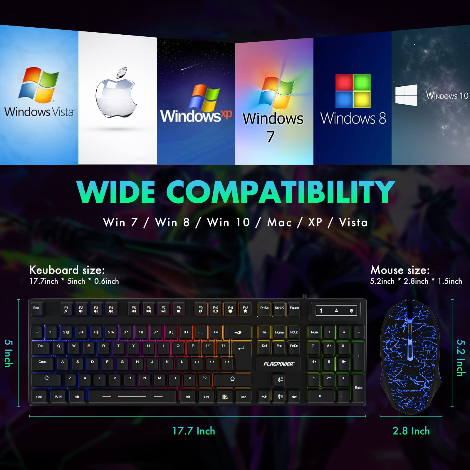 FLAGPOWER RGB Gaming Keyboard and Breathing Mouse Combo, Adjutable Breathing Backlit Mechanical Feeling Keyboard with 4 Colors 4800DPI Backlight Mouse for PC Laptop Computer Game and Work