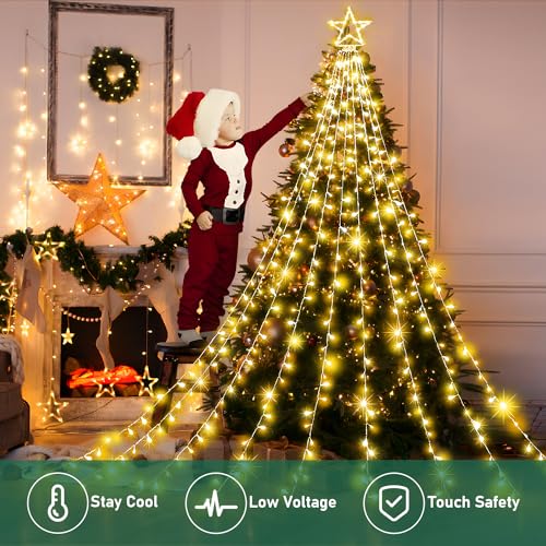XURISEN Outdoor Christmas Decorations Star Light,11.8 ft 337 LED Waterfall Tree Lights with Topper Star String Lights Plug in, 8 Modes Christmas Lights for Party Home Holiday Decor(Warm White)