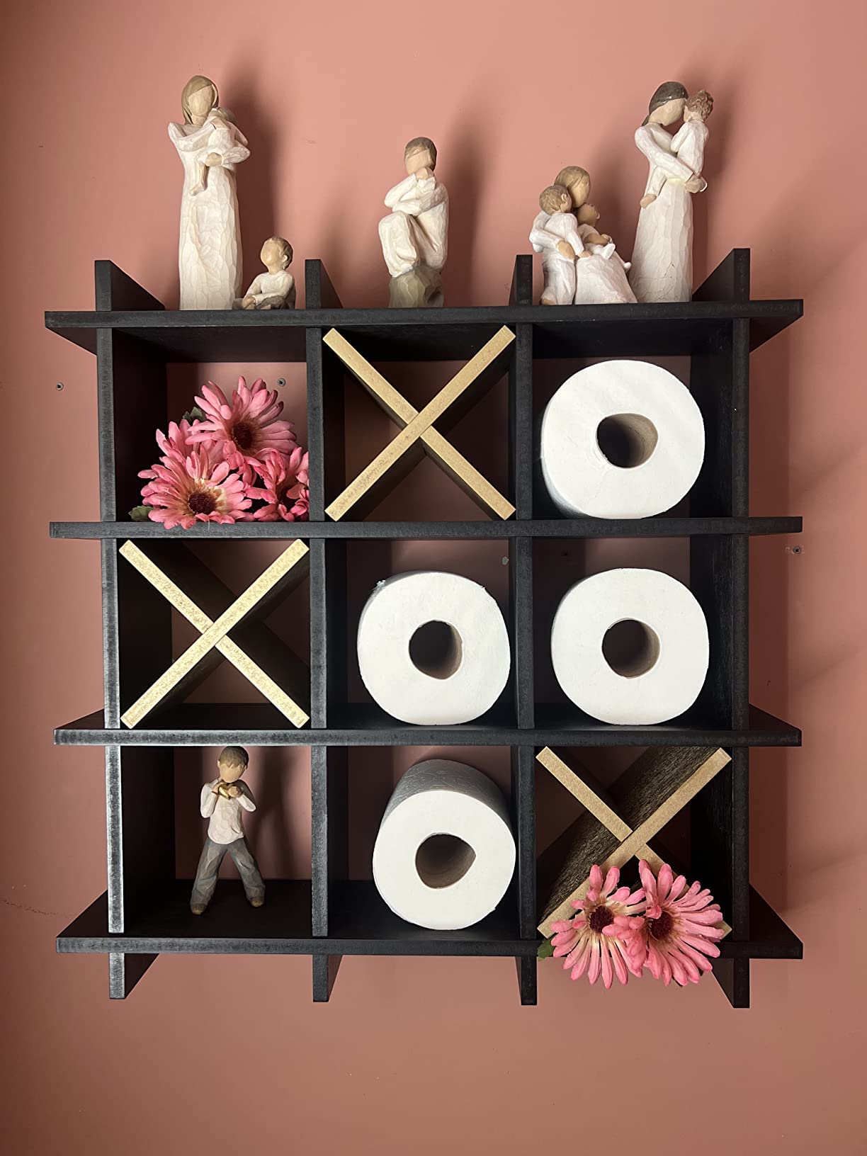 Large Black Tic Tac Toe Toilet Paper Holder Stand | Design Freestanding Bathroom Tissue Roll Storage Organizer | Wooden Bathroom Organizer | Over The Toilet Bathroom Storage Cabinet Wall Mounted