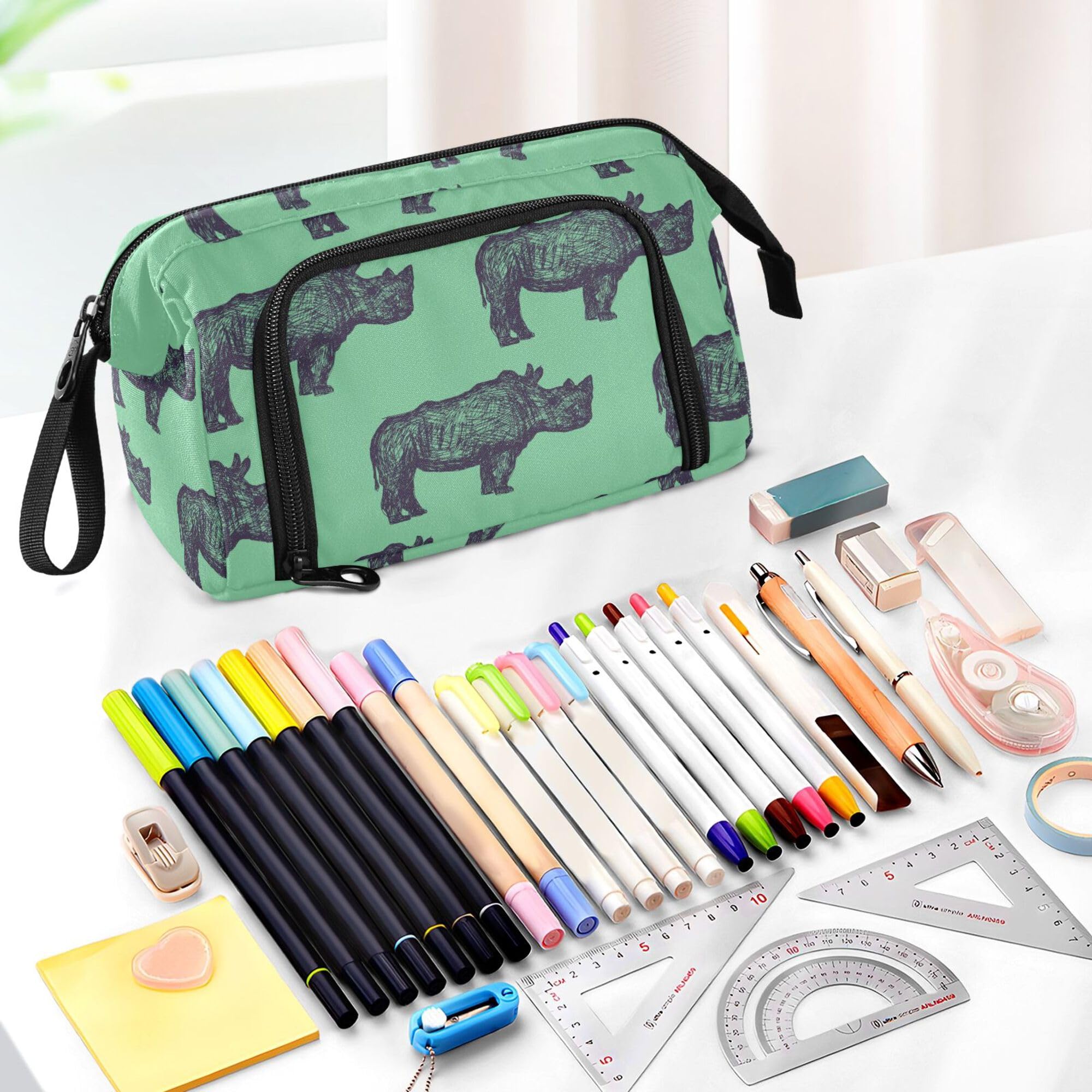 Fisyme Rhino Rhinoceros Green Pencil Case Large Capacity Pencil Pouch Pen Bags Box Big Makeup Pencil Case Organizer