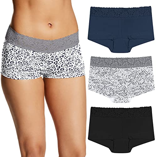 Maidenform Pack, Dream Lace Boyshorts, Cotton Panties for Women, 3-Pack, Navy/Grey Daze/Black