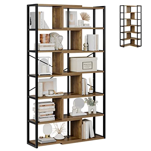 HITHOS Industrial 7-Tier Rotating Bookshelf, Double Wide Bookcase, Open Etagere Bookcase, Wood Corner Shelf with Metal Frame, Tall Storage Display Rack for Home Office, Living Room, Rustic Brown