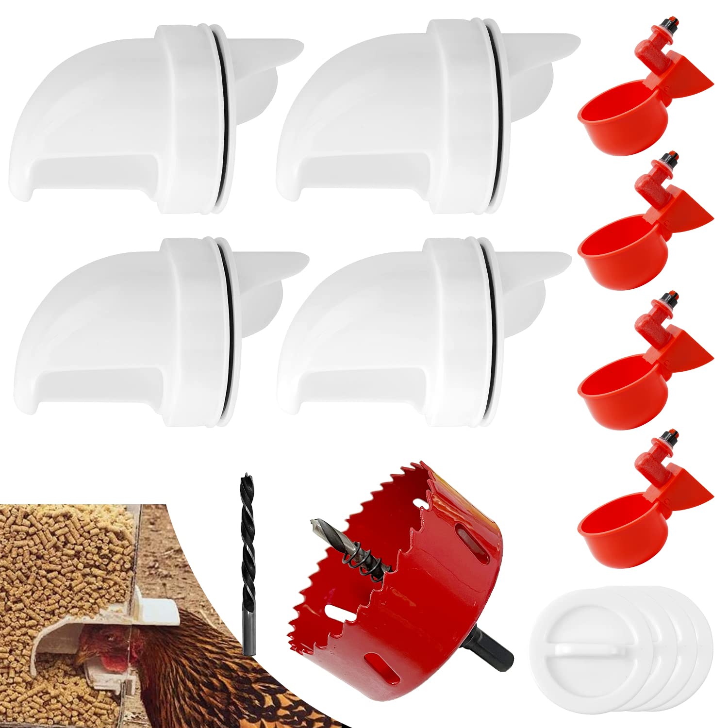 Chicken Feeder, Automatic Chicken Feeder and Waterer Set No Waste Rain Proof DIY Poultry Feeder with Rat Stopper Caps Chicken Water Feeder for Buckets, Barrels, Bins, Troughs 4Packs