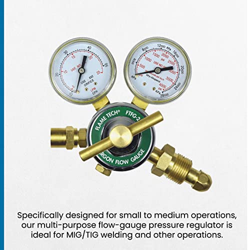 Flame Tech Flow Gauge Argon Regulator, Easy to Read 2β Dual-Scale Gauges, Ideal Welding Tool, Sturdy Construction, Comes Packaged in a Black Box, Tested in The USA
