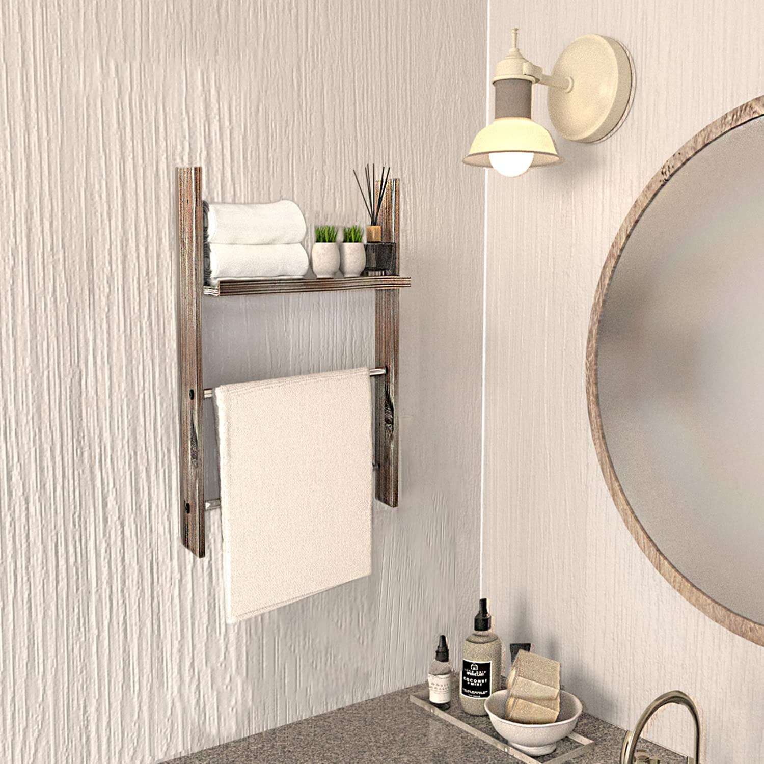 J JACKCUBE DESIGN Rustic Wood Wall Mount Towel Rack with Shelf, Blanket Ladder for Bathroom, Kitchen Hand Towels Holder, Stainless Towel Bar Hanger Farmhouse Decor - MK576A