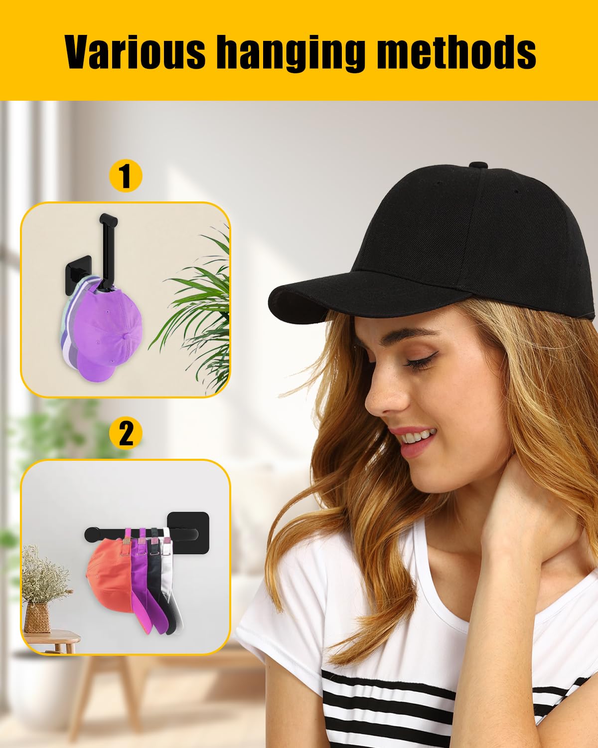 DAGKHE 4 Pack Hat Rack for Wall, Adhesive Hat Organizer for Baseball Caps, Adhesive Hat Hooks Holder Hanger for Closet Door Storage
