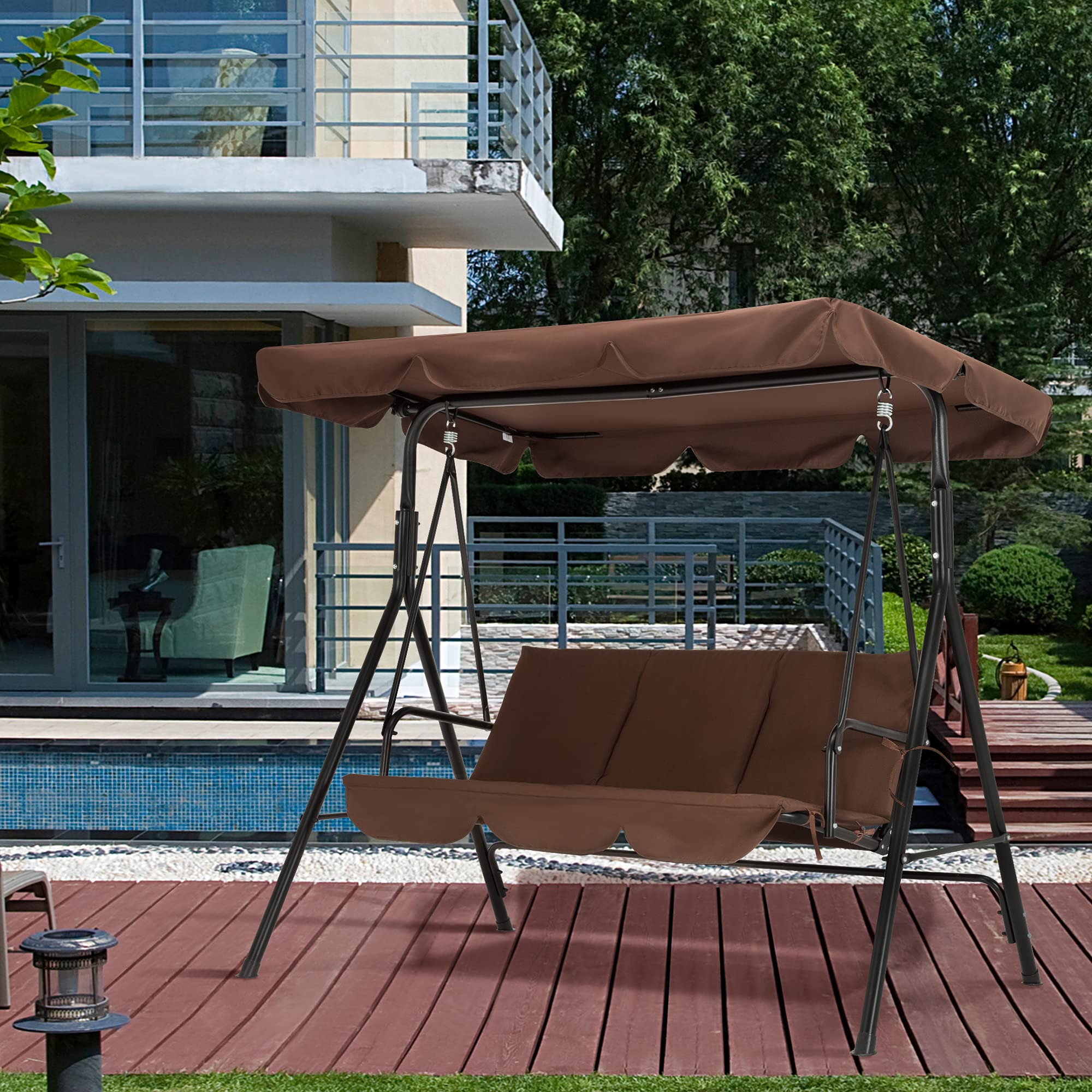 MCombo 3-Person Outdoor Patio Swing Chair, Convertible Canopy Hanging Swing Glider Lounge Chair, Removable Cushions, 4003 (Brown)