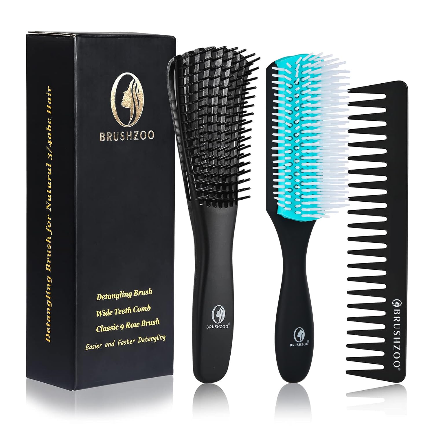 O BRUSHZOO Detangler Brush for Curly Hair, Hair Brushes for Women Men or Kids Black Natural Hair, Detangling Brush for Natural 3/4abc Wet Dry Hair (Blue)
