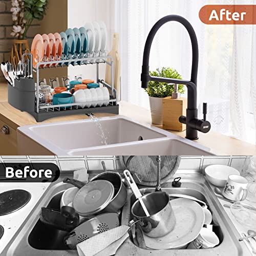 Dailyart Dish Racks for Kitchen Counter Aluminum 2-Tier Dish Drying Rack with Drainboard,Large Capacity 6-in-1 Dish Rack with 360°Swivel Spout, Never Rust Compact Detachable Dish Drainer, Gray