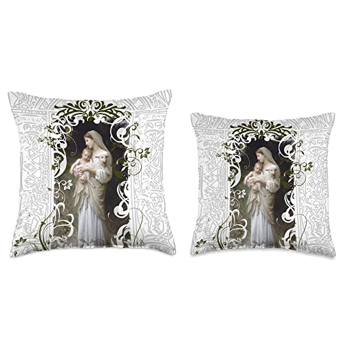 Happy Catholics Innocence Bouguereau Art Catholic Mary and Baby Jesus Lamb Throw Pillow, 16x16, Multicolor