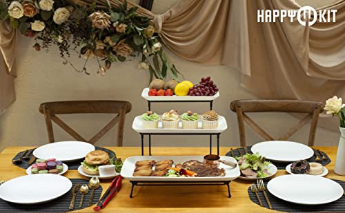 HAPPY KIT 3 Tier Serving Tray with Tong, Ceramic Rectangular Serving Platters for Cupcake Stand Display, 16/14/12inch Tiered Serving Tray with Collapsible Sturdy Metal Rack for Dessert Server Display
