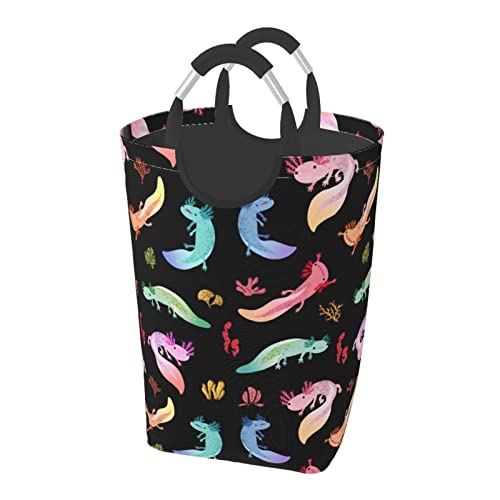 Foldable Square Laundry Hamper Colorful Axolotl Portable Folding Washing Bin Waterproof Collapsible Laundry Bag 50L Large Clothes Storage Basket with Handles for Home Bedroom