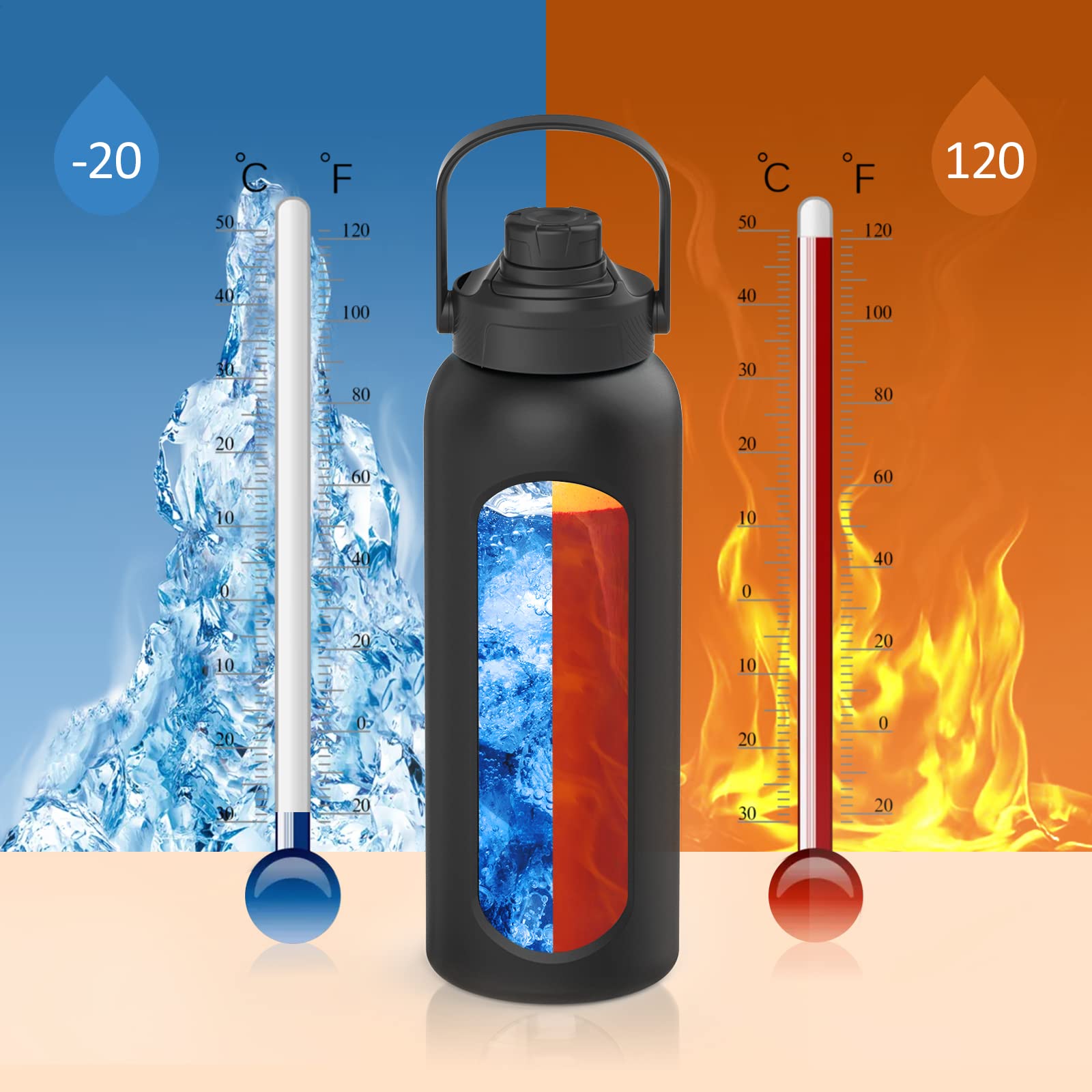 Kodrine Glass Water Bottles with Straw, 24oz Water Bottle with 2 Lids - Handle Spout Lid & Bamboo Straw Lid, Motivational Water Bottle with Silicone Sleeve, Wide Mouth, Leakproof, BPA Free(Black)