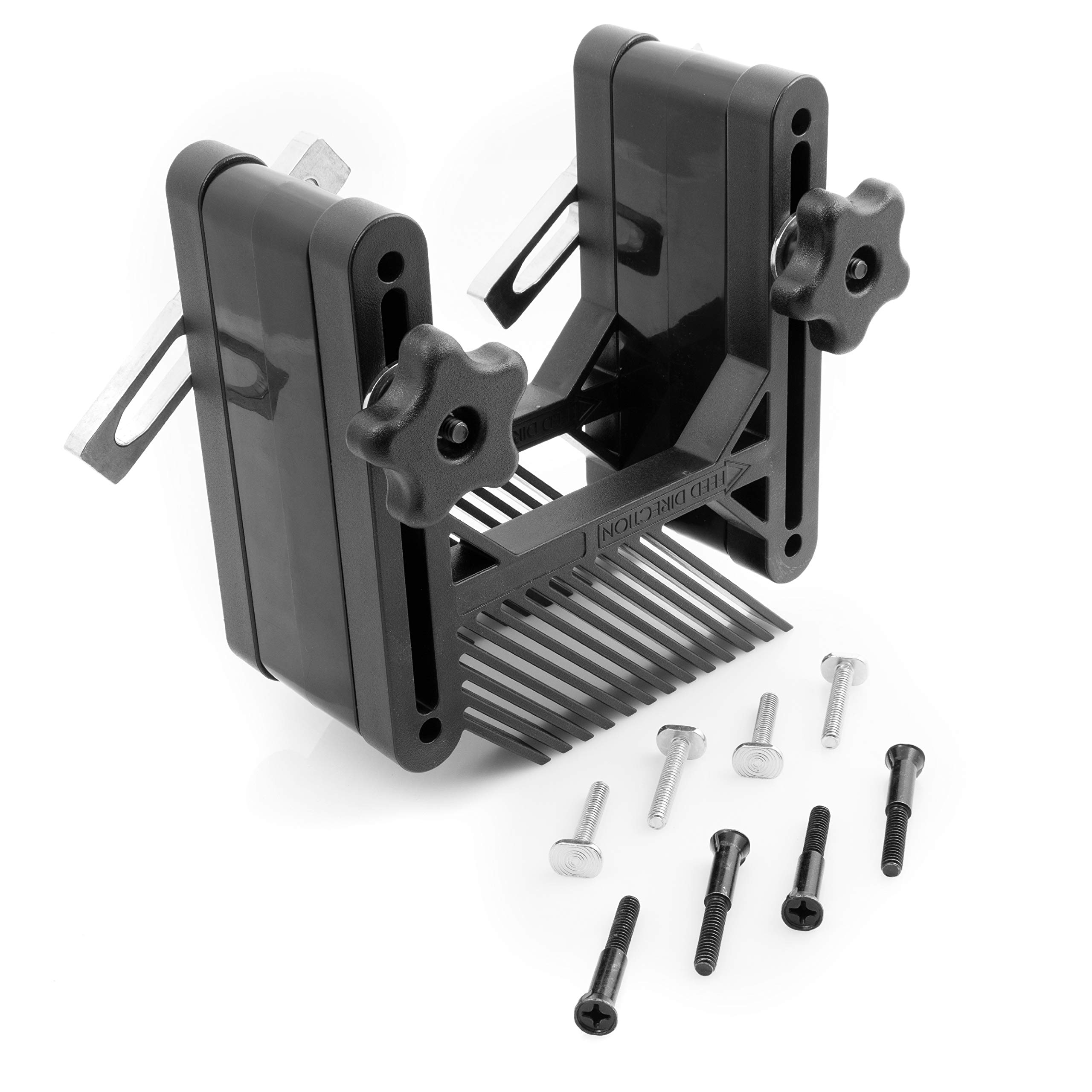 Dual Deluxe Stackable Featherboards with Riser Blocks Aluminum Miter Lock Bar and T Bolt Hardware for Track or Miter Slot Mounting Ideal for Table Saws Router Tables and Band Saws
