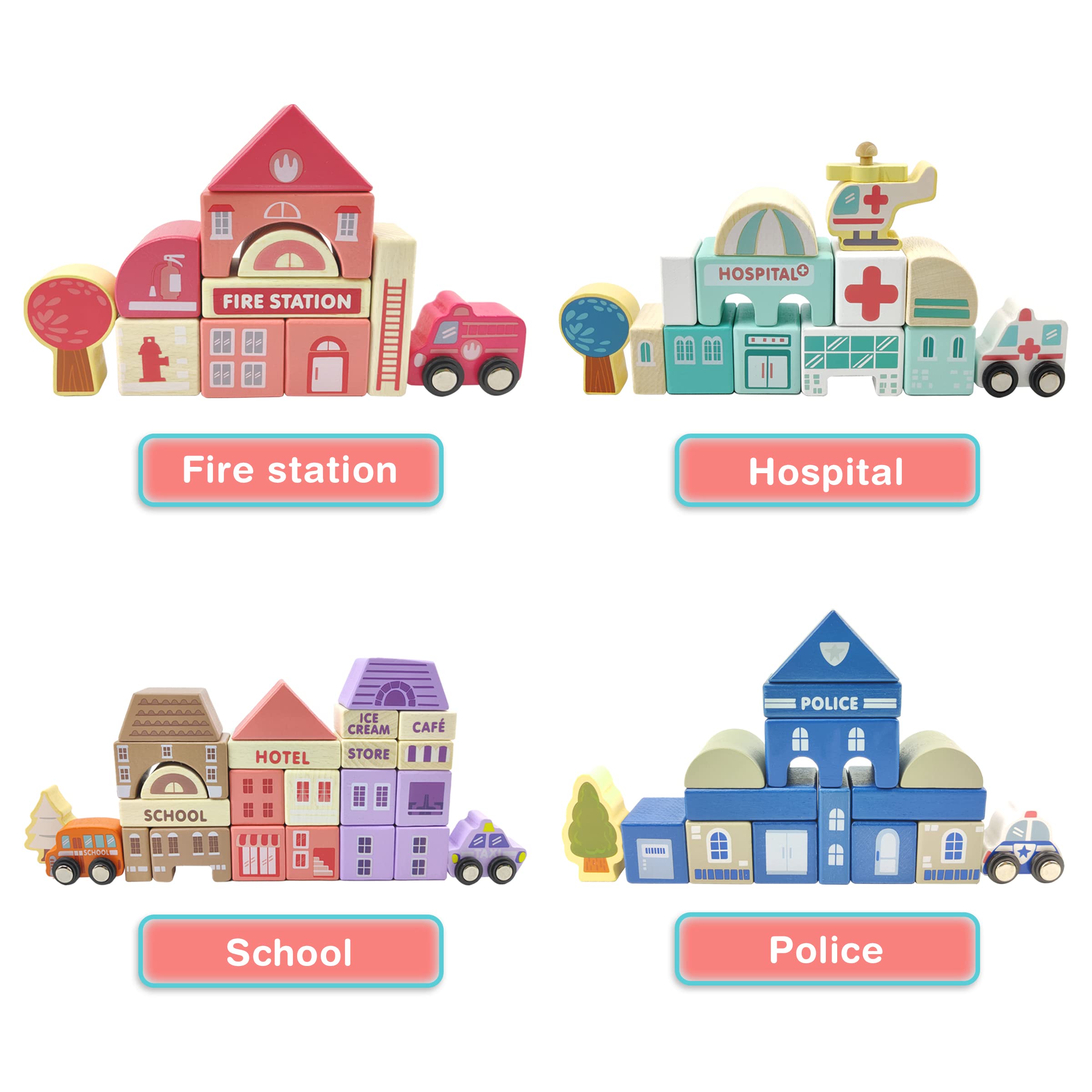 Xylolin Wooden Building Blocks Set, 115 Pieces City Construction Stacking Blocks Toys, Preschool Learning Educational Toys Boys Girls Age 3 4 5 6 Years Old