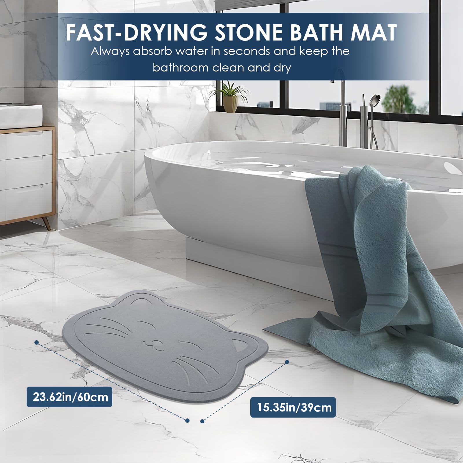 ChieFinch Diatomite Stone Bath Mat for Bathroom, Non-Slip Quick Dry Stone Shower Mats, Super Absorbent Diatomaceous Earth Bath Mat Stone, Suitable for Bathroom, Kitchen, Counter, 23.6" X 15.4"