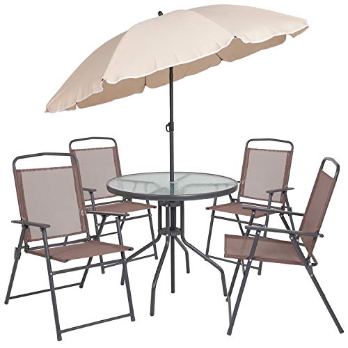 Flash Furniture Nantucket 6-Piece Patio Dining Set with Glass Table, 4 Folding Chairs, and Umbrella, Outdoor Patio Table, Chairs, and Umbrella Set, Black