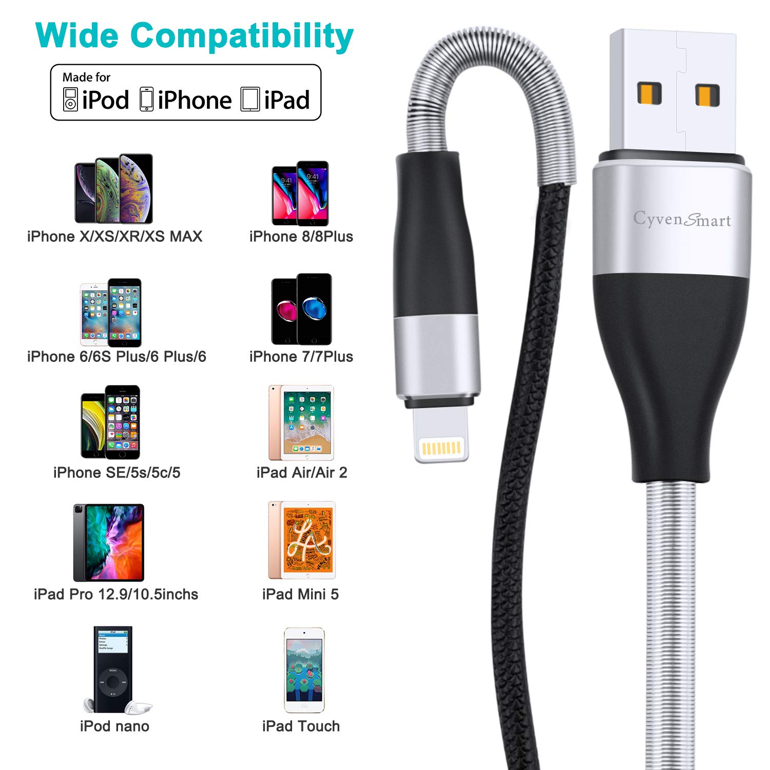 CyvenSmart iPhone Charger 6ft [Apple MFI Certified 3 Pack Fast Charger Nylon Braided Lightning Cable 6 Foot, iPhone Charging Cables Metal Connector for iPhone Xs XR X 8,iPad iPod