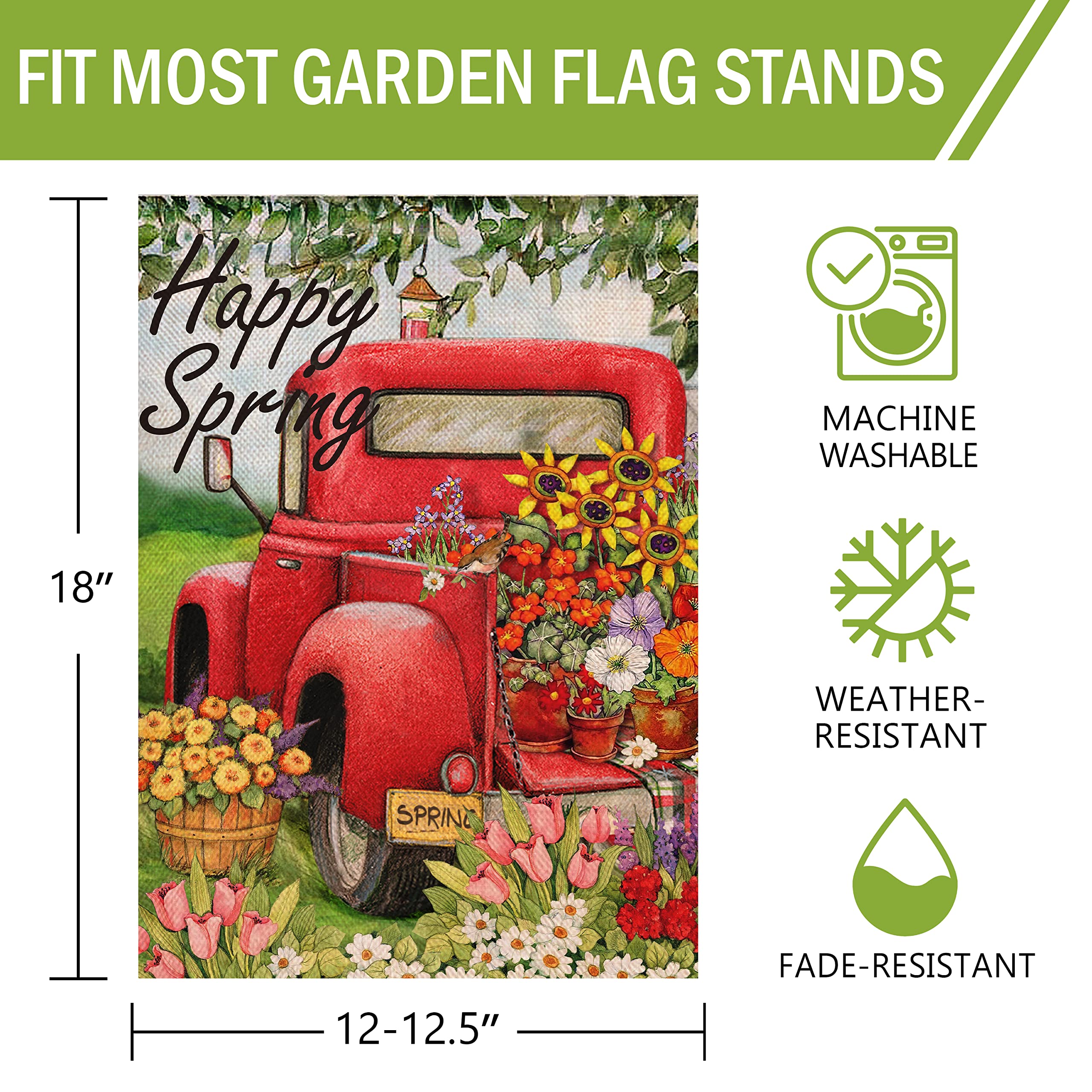 Furiaz Happy Spring Red Truck Small Garden Flag, Vintage Pickup Yard Outdoor Home Daisy Tulip Flowers Lawn Outside Decorations Double Sided 12x18