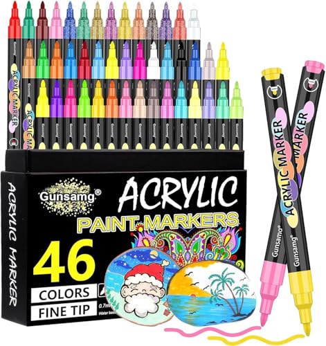 Gunsamg 46 Colors Acrylic Paint Pens Extra Fine Tip Acrylic Paint Markers For Rock Painting Ceramic Stone Wood Canvas DIY Crafts Card Making