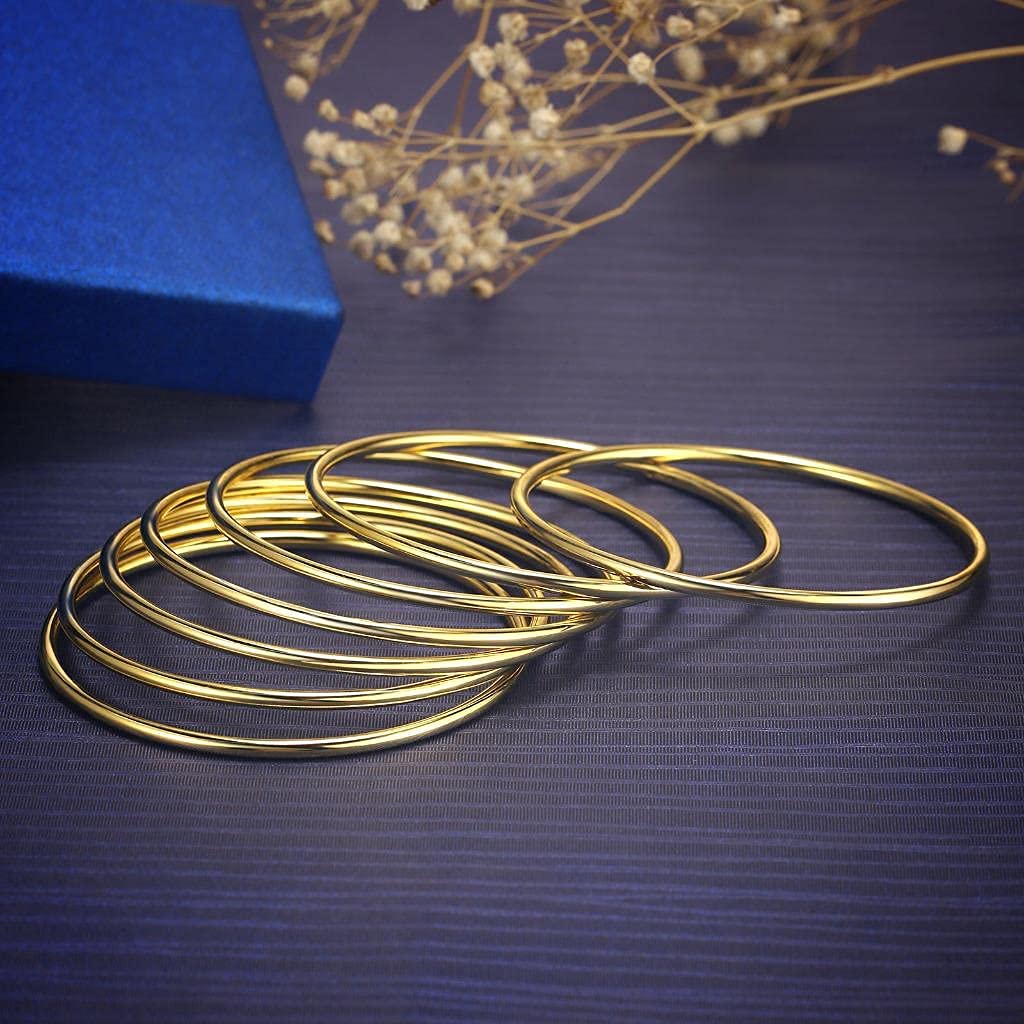 Castillna Stainless Steel Thin Round 14K Plated Gold Bangle Bracelets for Women, Plus Size, 9 inches