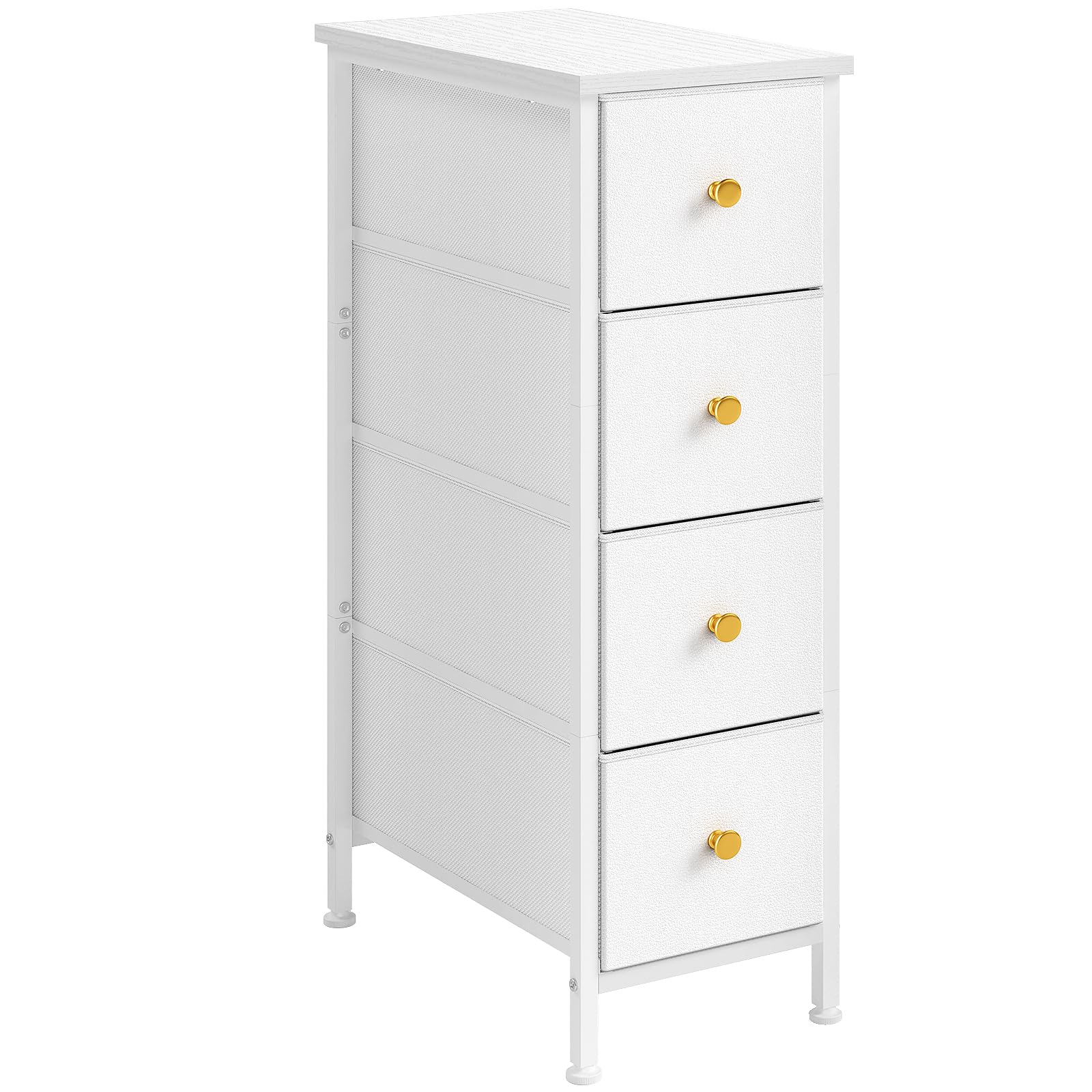 Fixwal Narrow Storage Cabinet, Narrow Nightstand Dresser with 4 Drawers, Slim Fabric Dresser Storage Tower for Small Spaces, White Dresser, for Bedroom, Bathroom, Living Room, Laundry, Closet