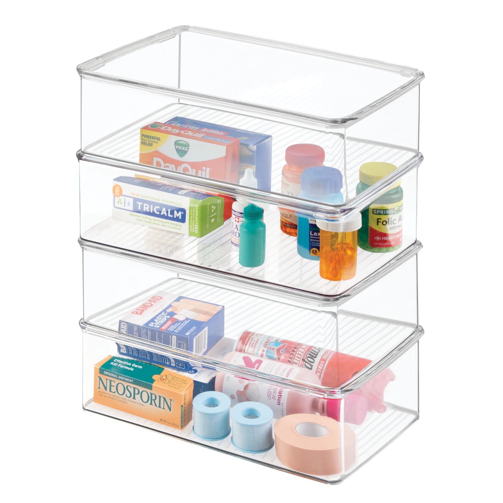 mDesign Plastic Bathroom Storage Organizer Box w/Hinge Lid for Closet Shelves, Cupboards, Holds Medicine, First Aid, Lotion, Cotton Swabs, Masks, and Styling Tools, Ligne Collection, 4 Pack, Clear