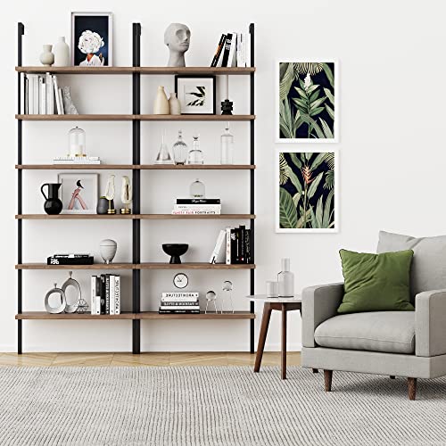 Nathan James Theo 6-Shelf Tall Bookcase, Wall Mount Bookshelf with Reclaimed Wood and Industrial Metal Frame, Oak/Black