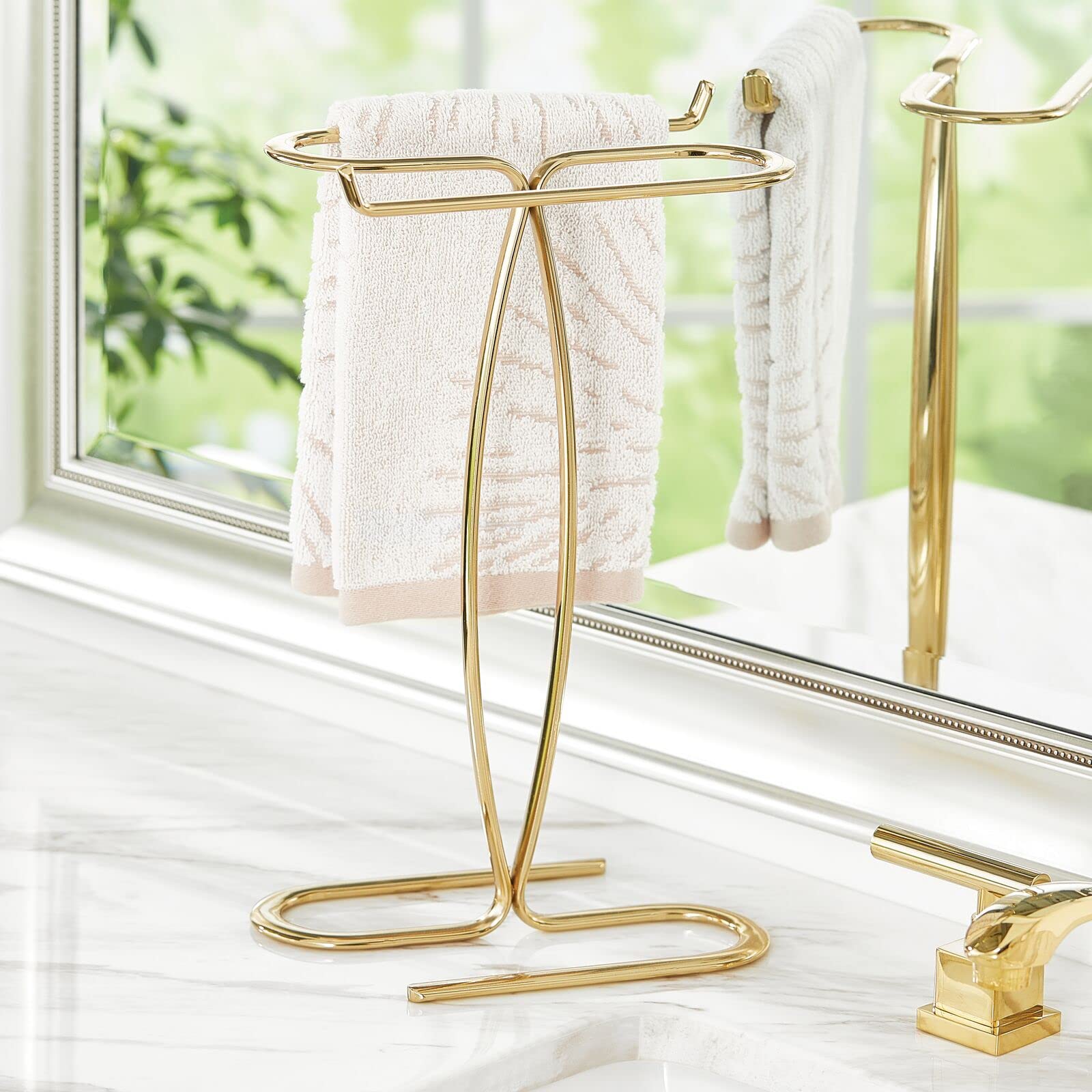 mDesign Decorative Modern Metal Fingertip, Hand Towel Holder Stand - for Bathroom Vanity Countertops to Display and Store Small Guest Towels - 2-Sided, 14" High - 2 Pack - Soft Brass