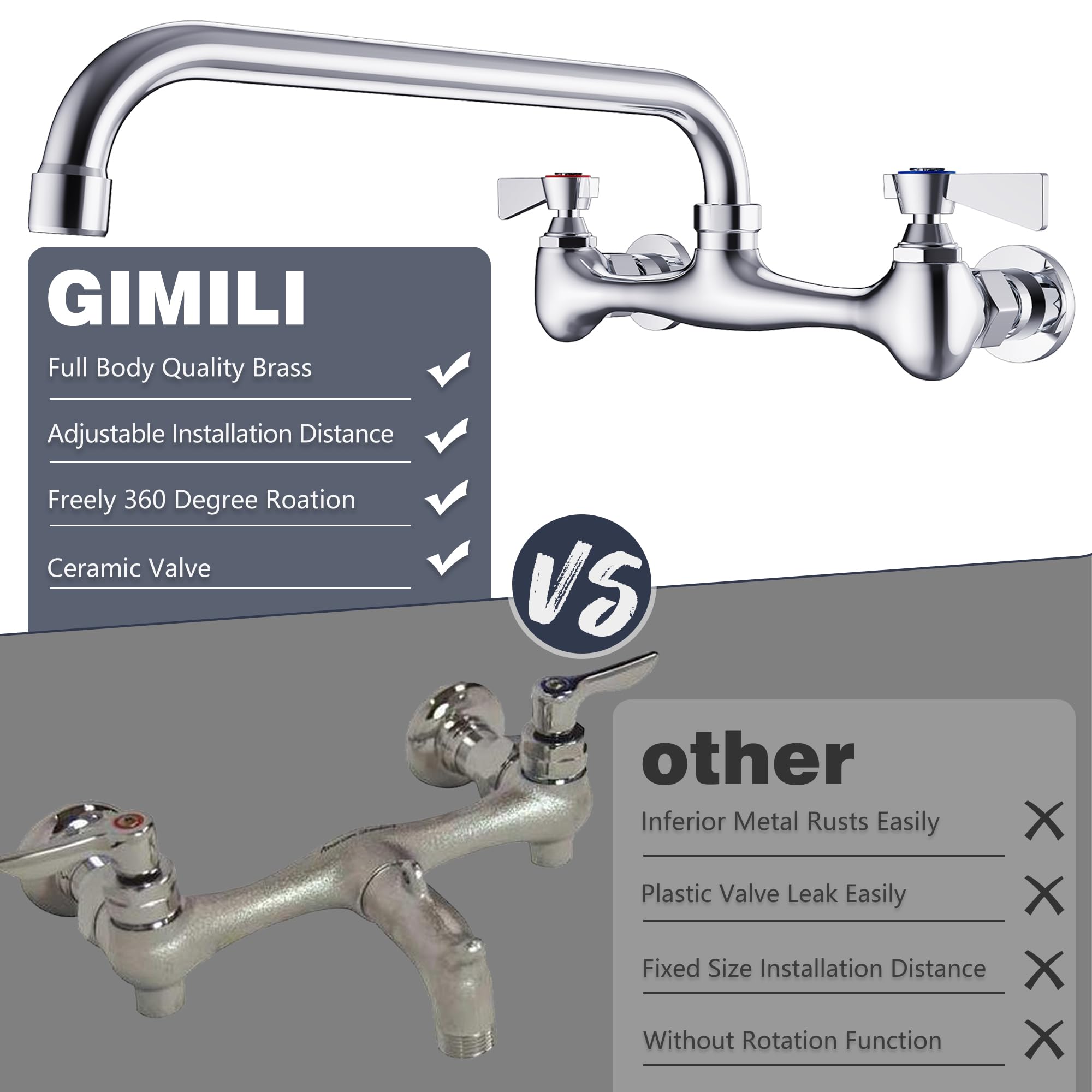 GIMILI Wall Mount Commercial Sink Faucet with 12” Swivel Spout Polish Chrome Brass Utility Sink Faucet for Kitchen Laundry Restaurant Industrial Compartment Sink(Include 90 Degree Adapters)