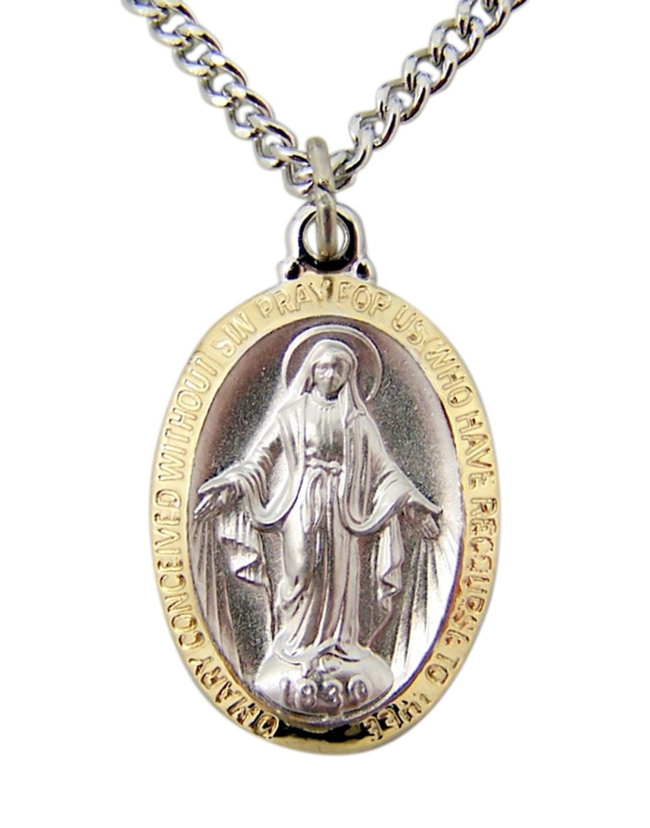 Catholic Patron Saint Pendants Sterling Silver Two Toned Oval Miraculous Medal Pendant, 7/8 Inch