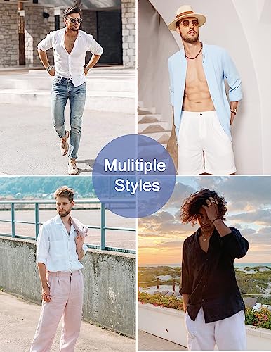 COOFANDY Men's Casual Beach Shirts Linen Shirt Men Long Sleeve Button Down Shirt Mandarin Collar Light Green