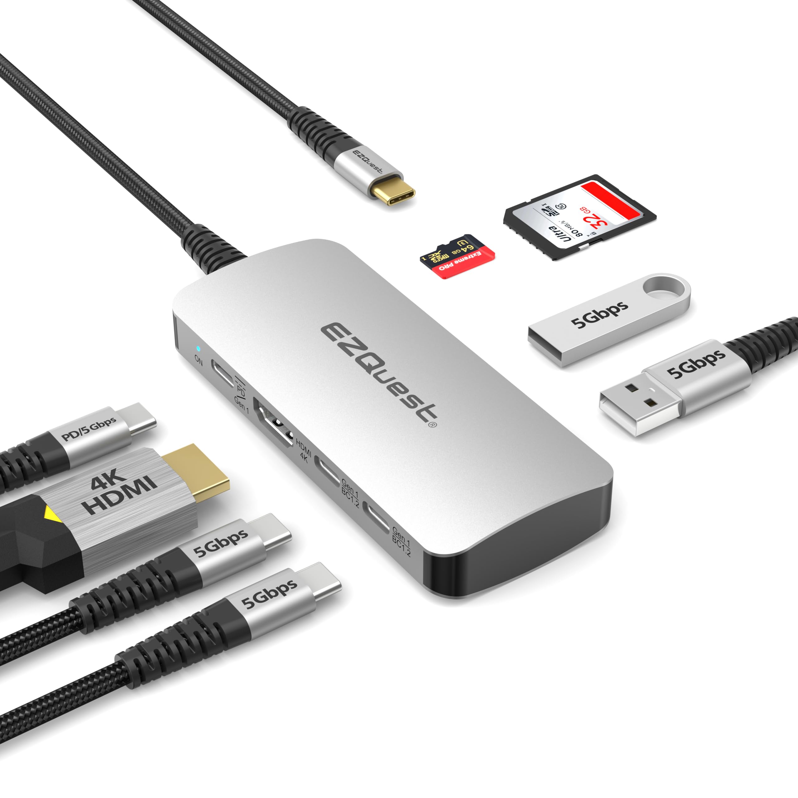 EZQuest USB C Multimedia Hub 8 in 1 with HDMI 4K, 100 Watts USB C Power Delivery/5Gbs Data, 2 USB C Ports, 2 USB A 3.0 Ports, SD/Micro SD Compatible with USB-C Laptops
